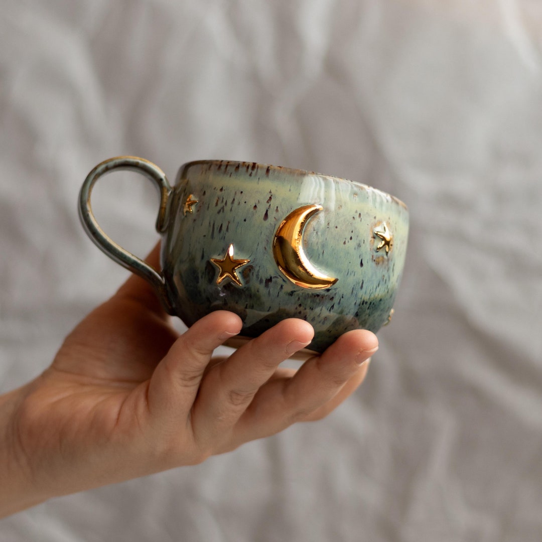 Celestial Mug: Handmade Pottery Coffee Cup With Gold Moon & Stars - Etsy