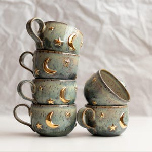 Celestial Mug: Handmade Pottery Coffee Cup With Gold Moon & Stars - Etsy