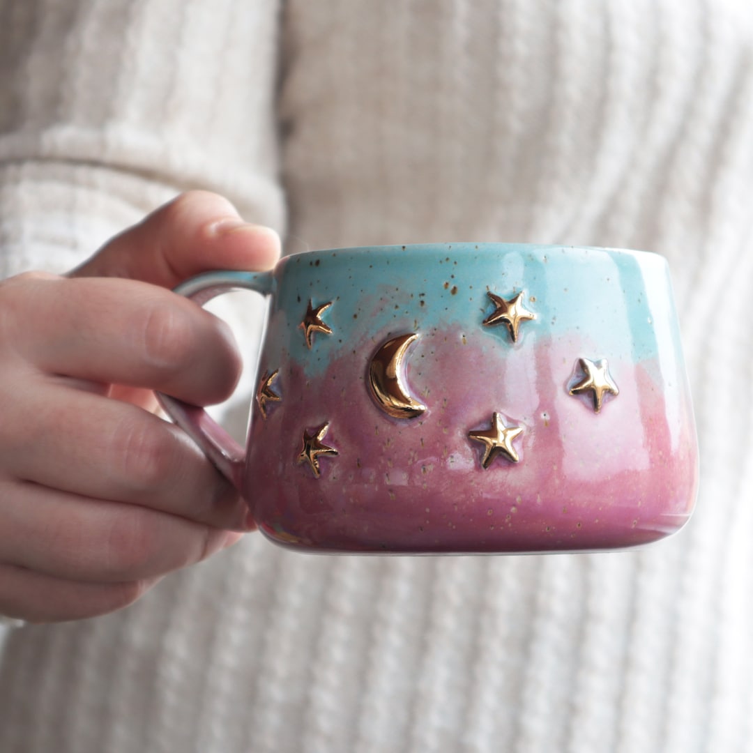 Celestial Pink Blue Mug With Golden Stars and Moon : Handmade Pottery ...
