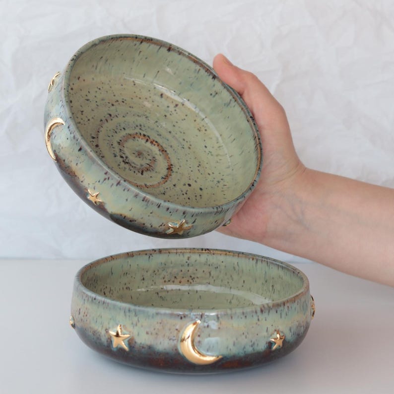 Pottery Food Bowl With Golden Moon and Stars : Handmade Stoneware ...