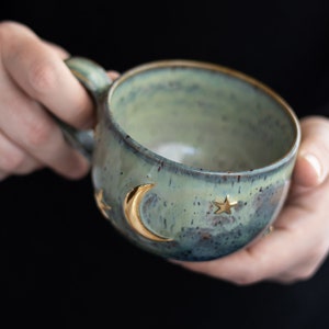 Celestial Mug: Handmade Pottery Coffee Cup With Gold Moon & Stars - Etsy
