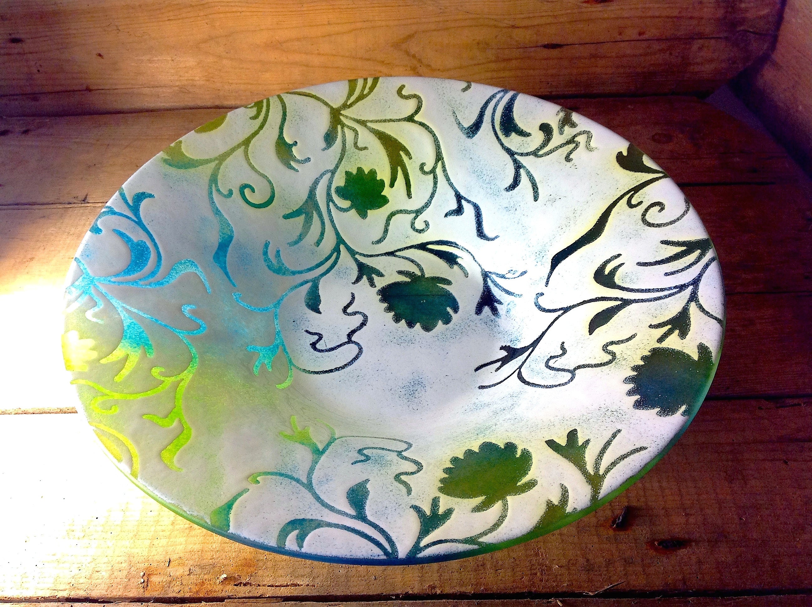HANDMADE Bowl Large Fused Glass Floral and Trellis - Aqua & Green ...