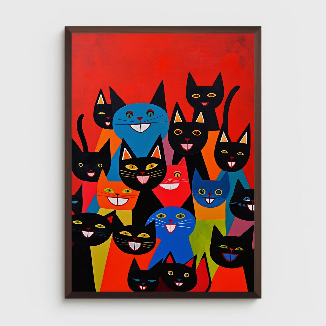 Eclectic Cats Fiesta Digital Download Art | Vibrant Red | Colorful Cats ...