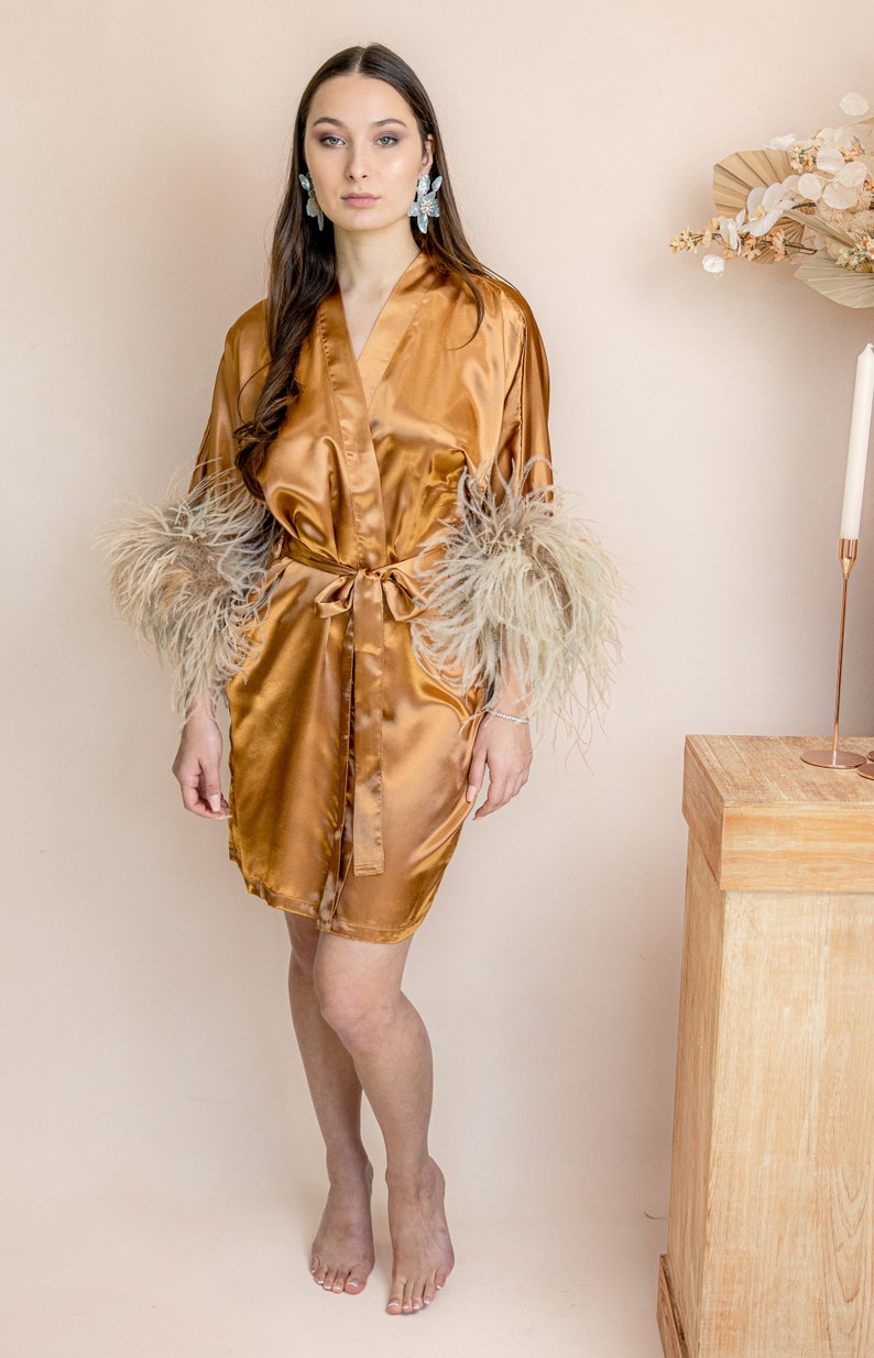 Satin Silk Bridal Robe With Detachable Ostrich Feather Trim in - Etsy