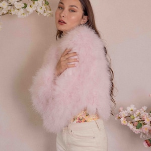 Soft Light Pink Fluffy Feather Jacket, Marabou Cropped Long Sleeve ...
