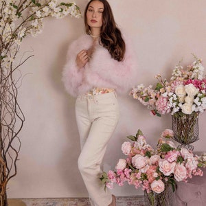 Soft Light Pink Fluffy Feather Jacket, Marabou Cropped Long Sleeve ...