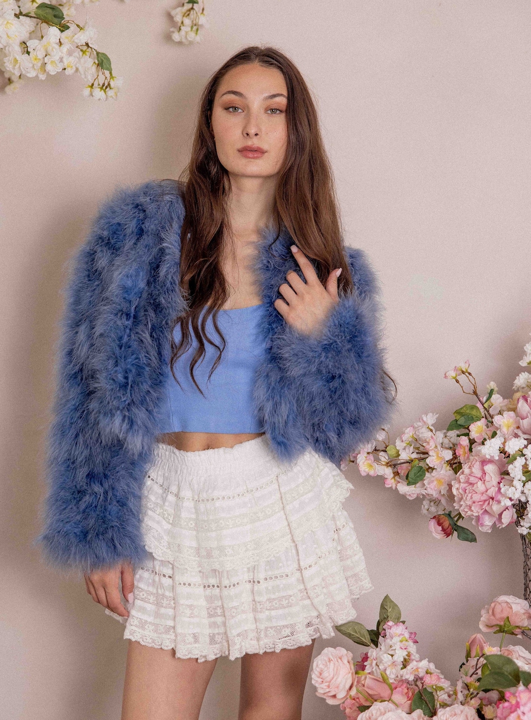 Denim Blue Fluffy Feather Jacket, Marabou Cropped Long Sleeve Feather ...