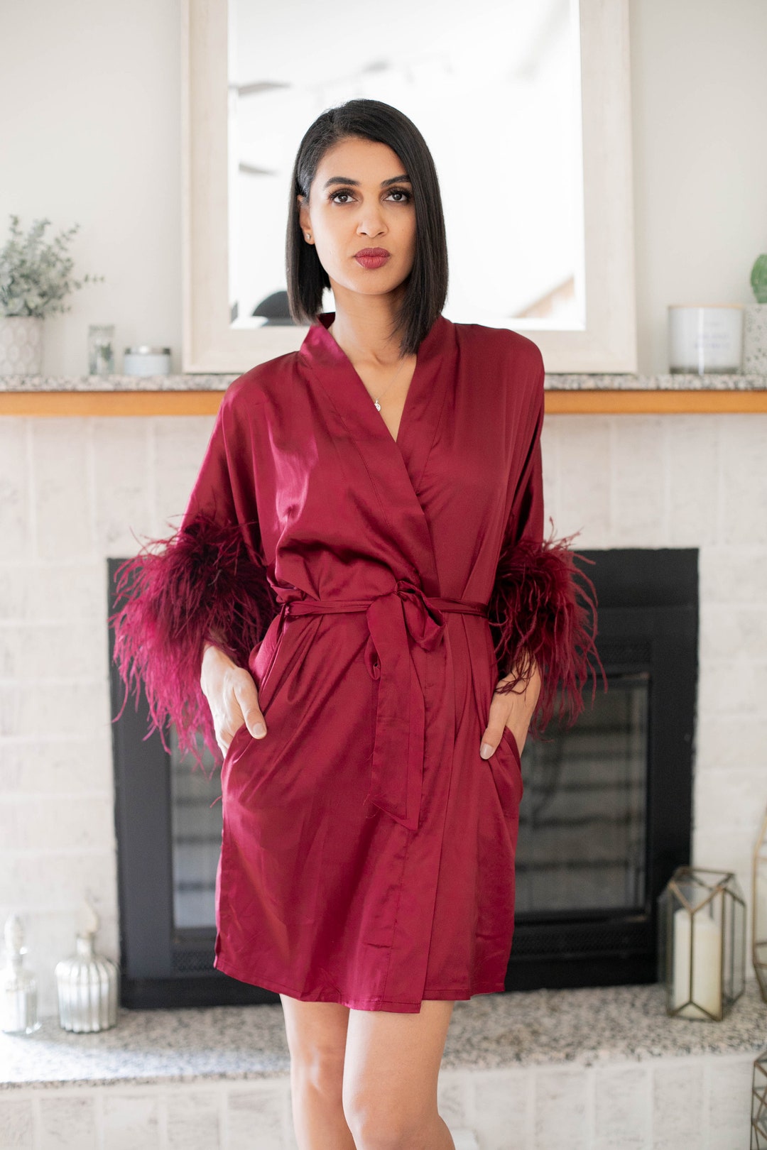 Ostrich Feather Cuff Satin Silk Robe in Merlot Deep Red Bridal Robe - Etsy