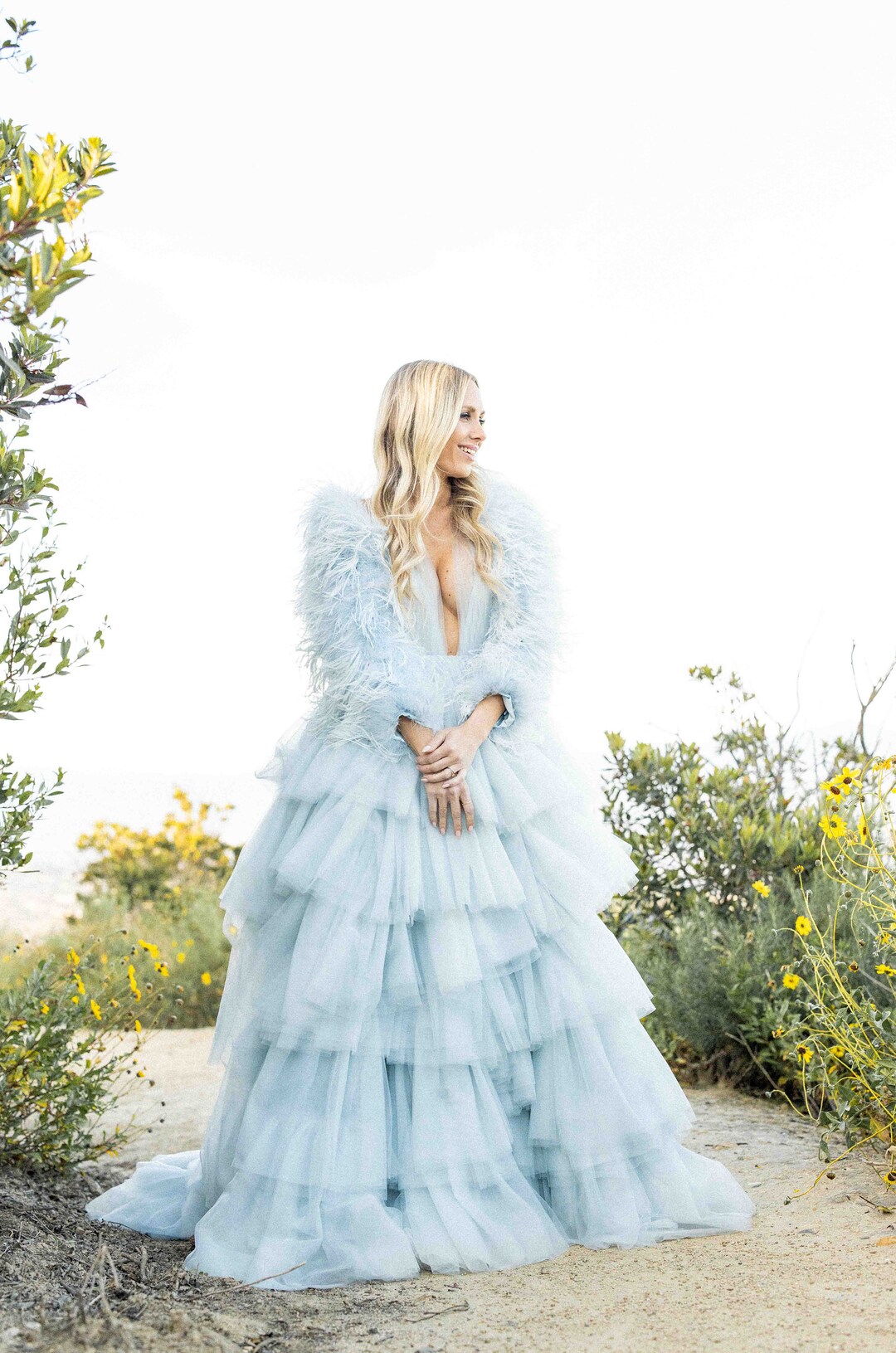 Baby Blue Layered Tulle Beaded Front Slit Wedding Prom Evening Gown ...