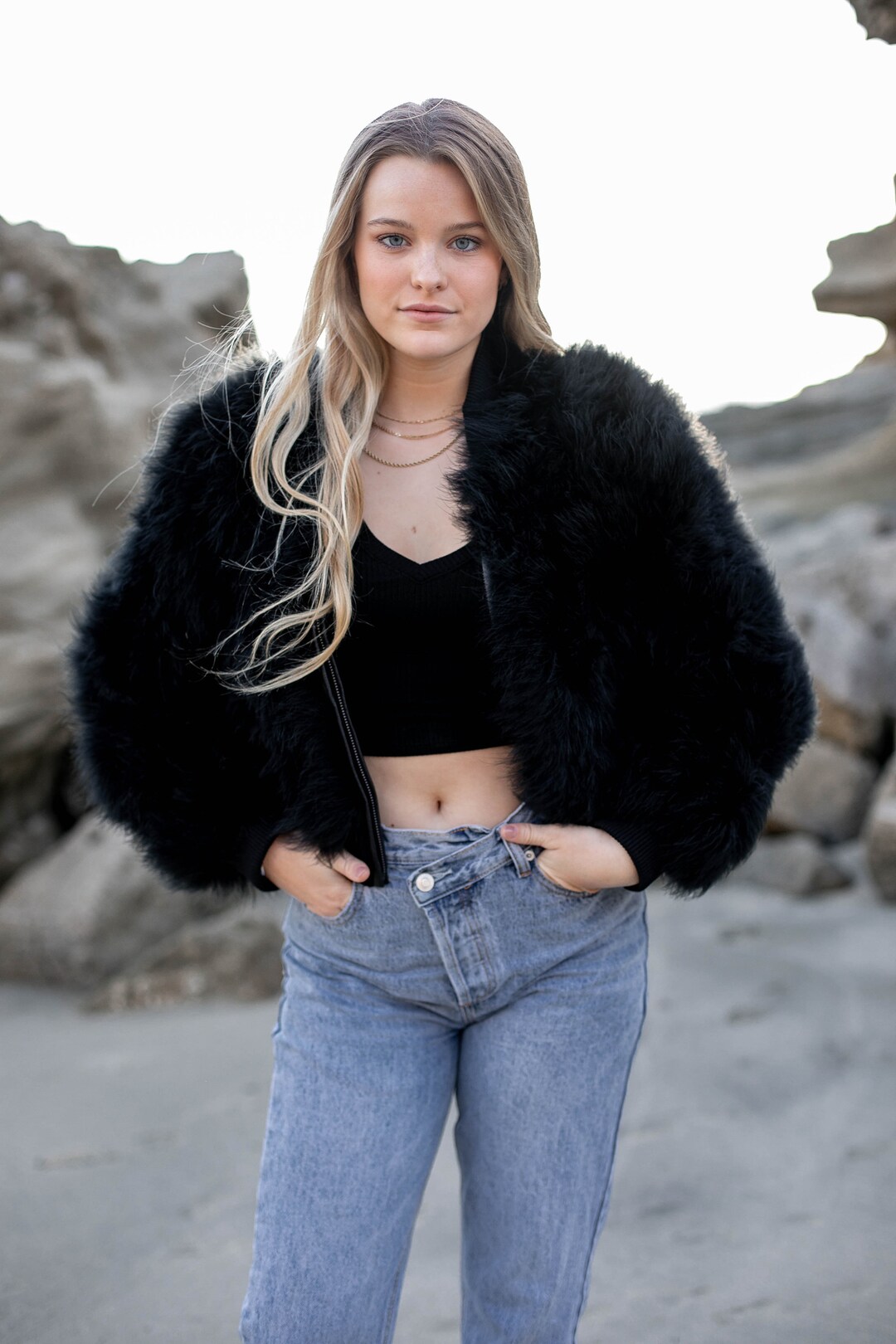 Cropped Bomber Feather Jacket in Black With Zipper - Etsy
