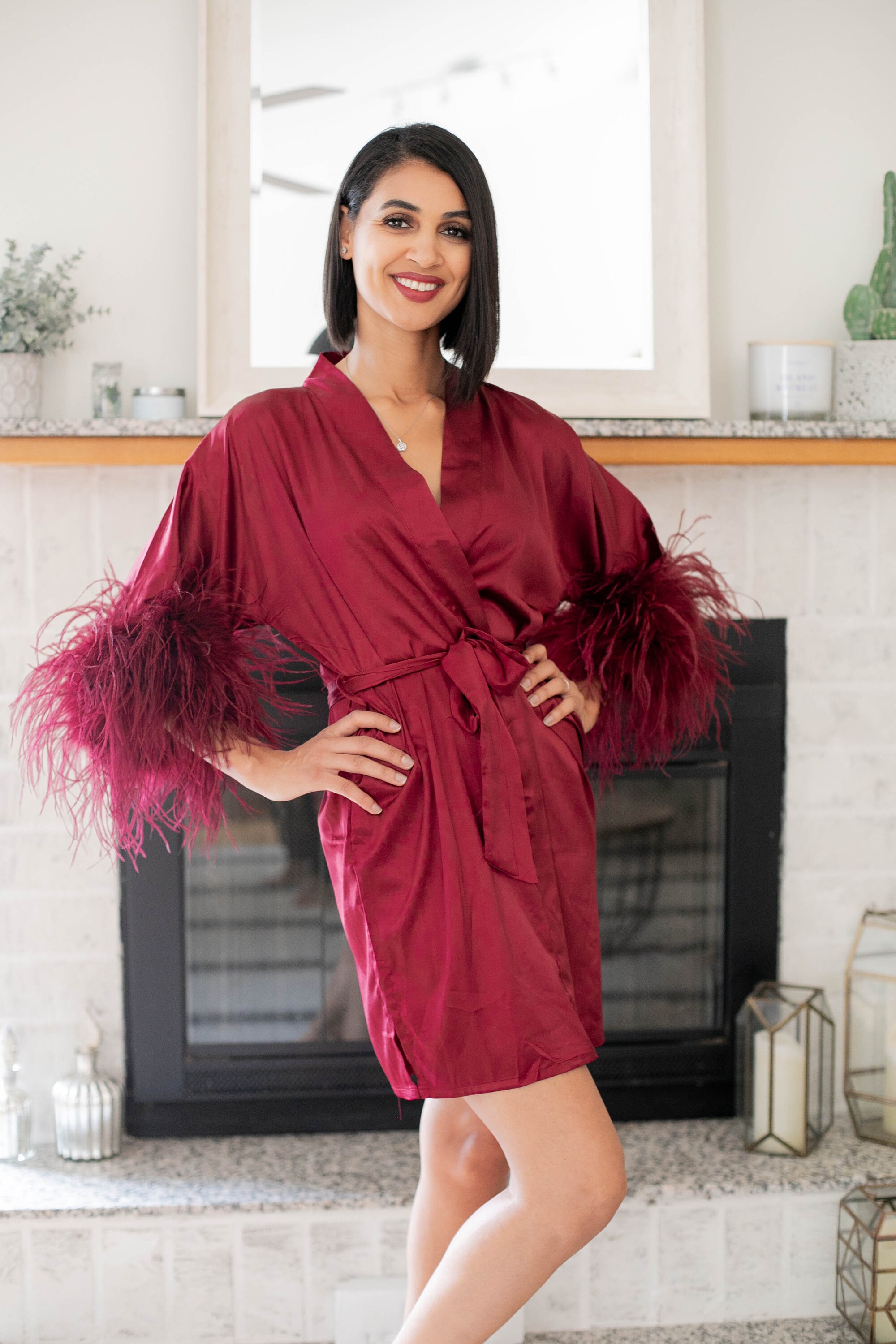 Ostrich Feather Cuff Satin Silk Robe in Merlot Deep Red Bridal | Etsy