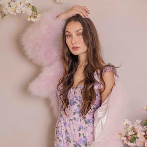 Soft Light Pink Fluffy Feather Jacket, Marabou Cropped Long Sleeve ...