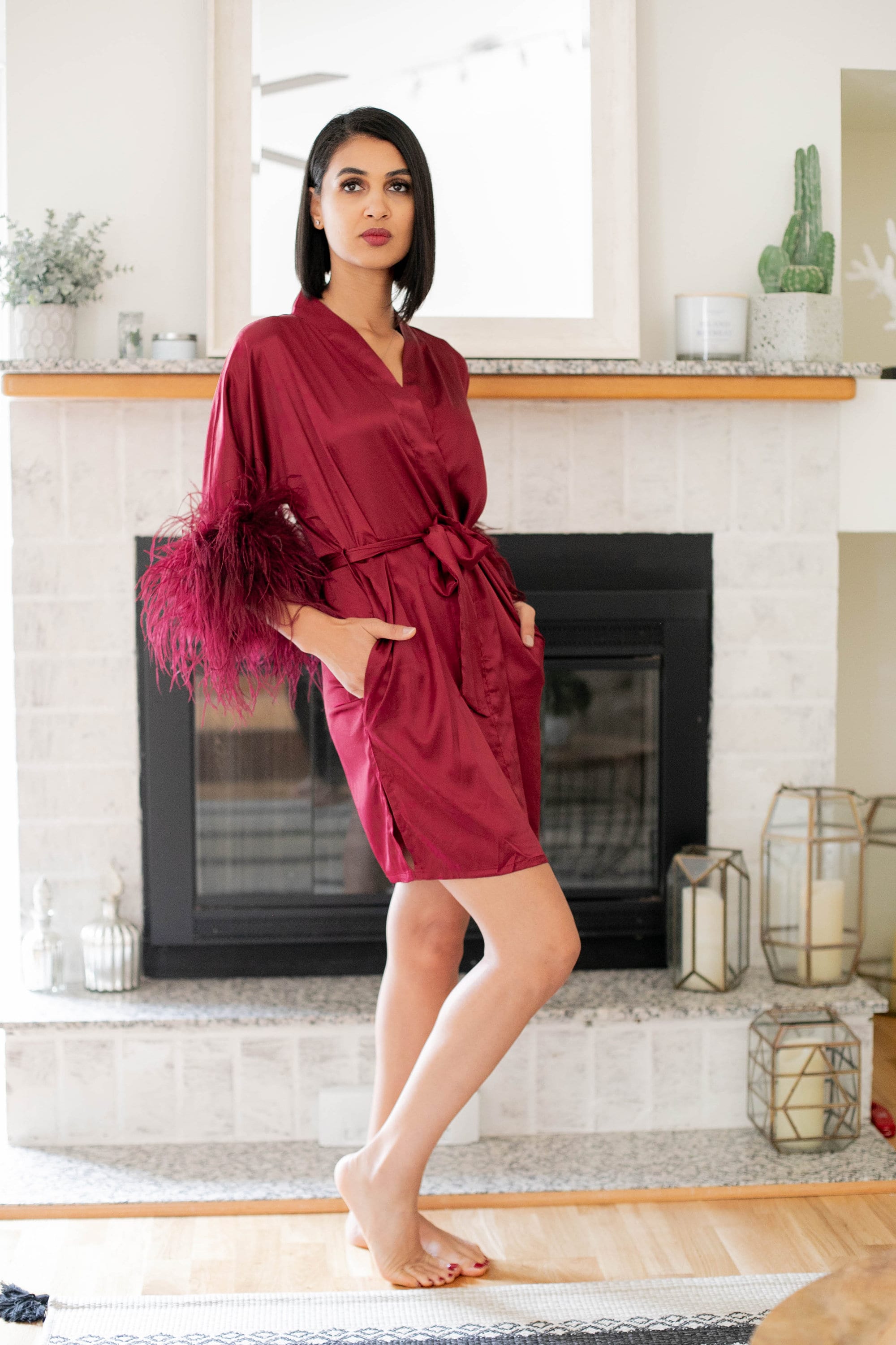 Ostrich Feather Cuff Satin Silk Robe in Merlot Deep Red Bridal | Etsy