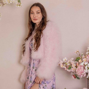 Soft Light Pink Fluffy Feather Jacket, Marabou Cropped Long Sleeve ...