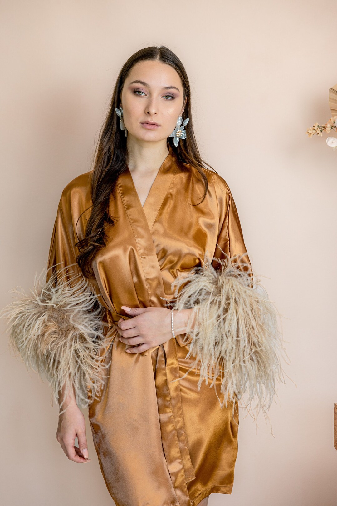 Satin Silk Bridal Robe With Detachable Ostrich Feather Trim in Bronze ...
