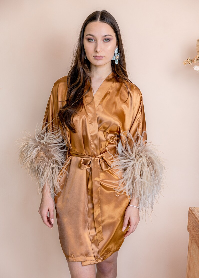 Satin Silk Bridal Robe With Detachable Ostrich Feather Trim in - Etsy