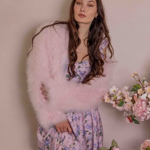 Soft Light Pink Fluffy Feather Jacket, Marabou Cropped Long Sleeve ...