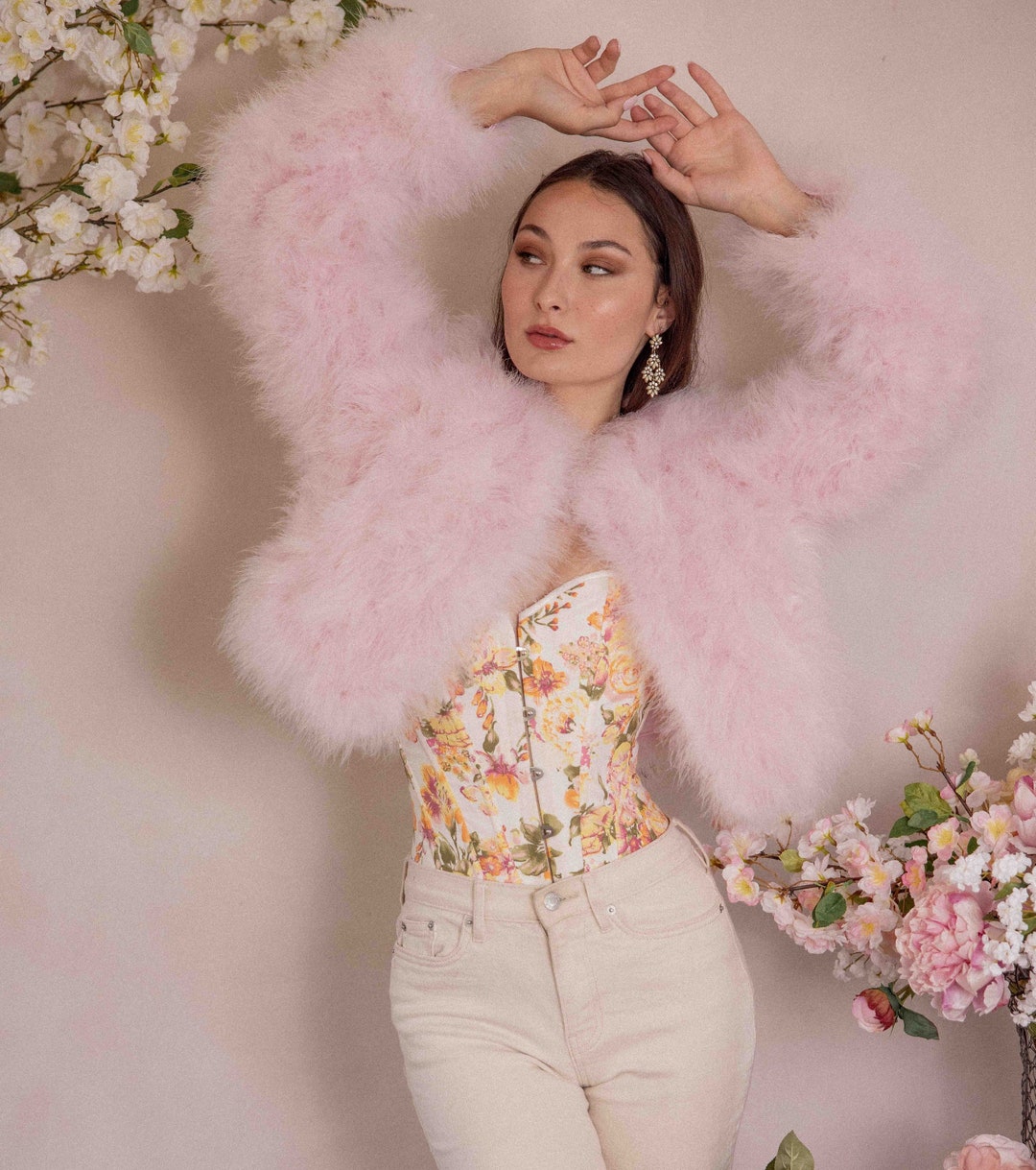 Soft Light Pink Fluffy Feather Jacket, Marabou Cropped Long Sleeve ...