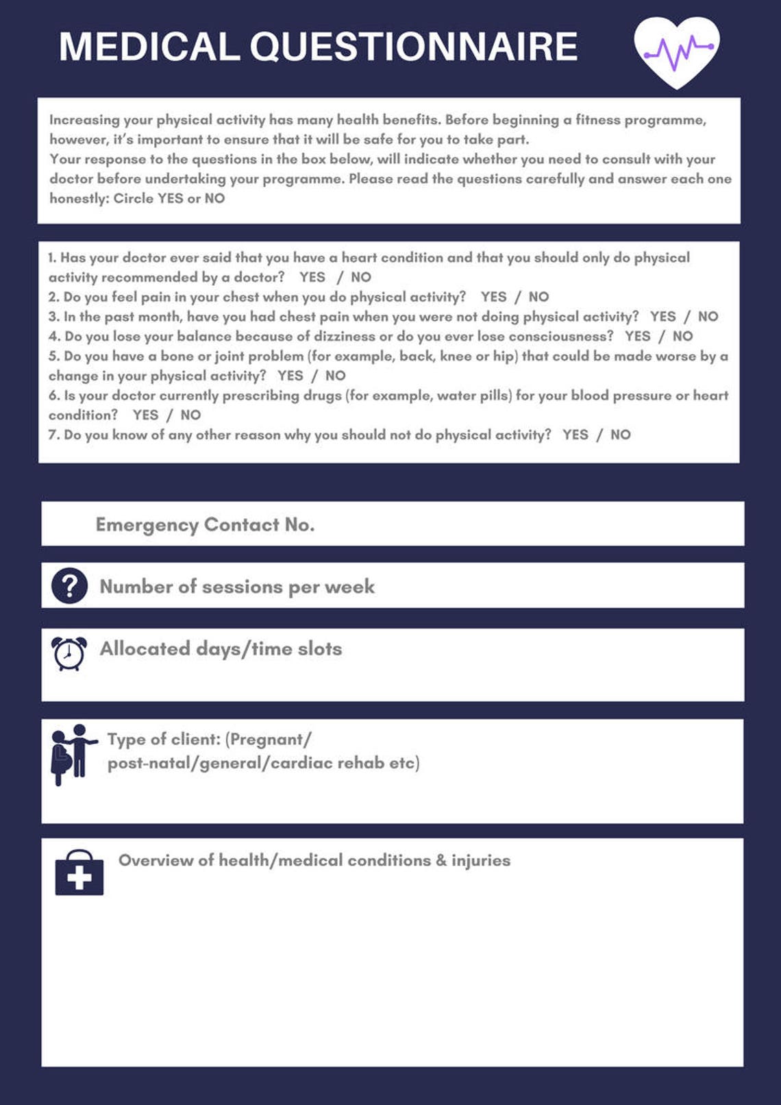 Personal Training Client Medical Questionnaire Etsy