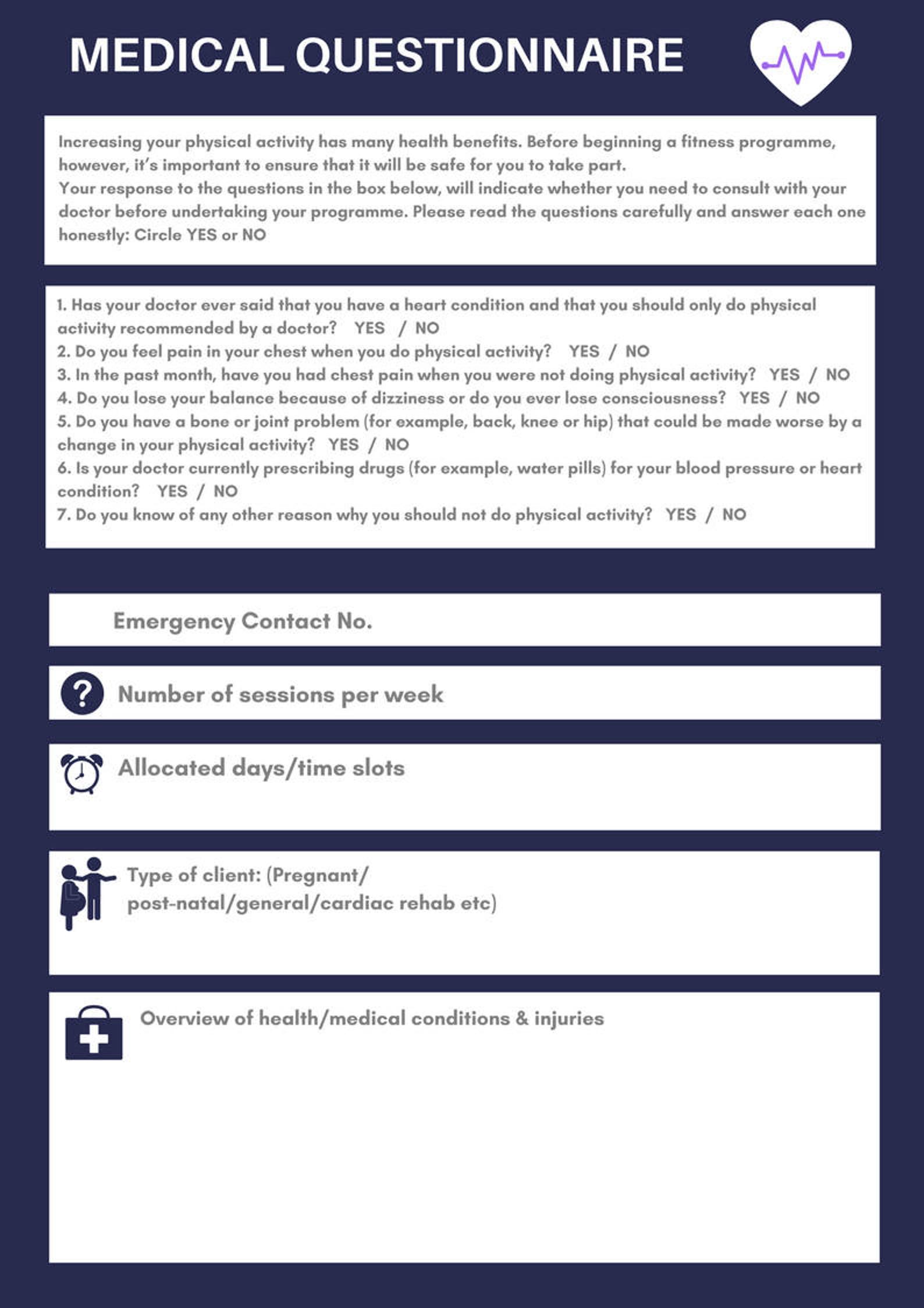 Personal Training - Client Medical Questionnaire - Etsy