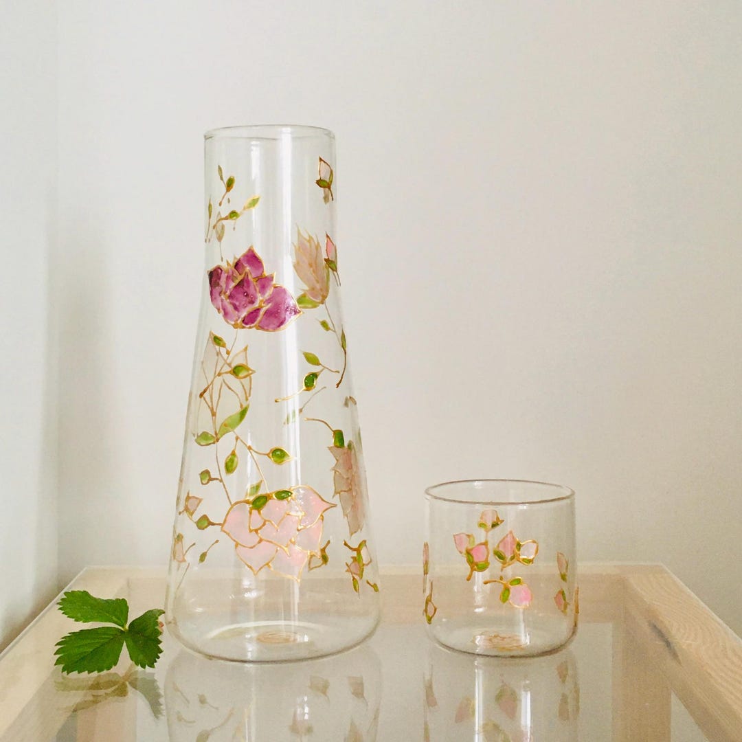 French Bedside Carafe in Glass – Hand-painted – Floral Design – French ...