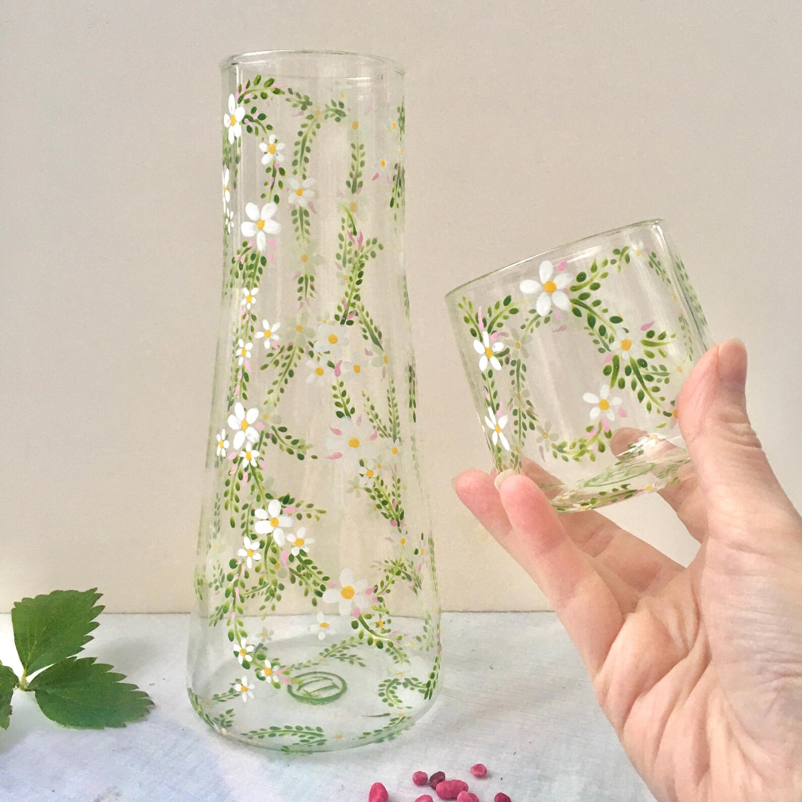 Hand Painted Bedside Carafe + Glass - Carafes - Water Carafe - Jasmine ...