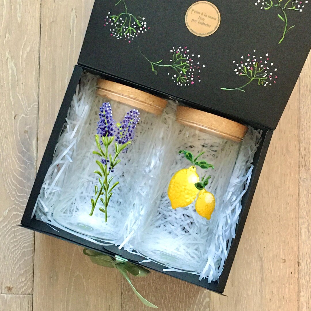 French Gift Box of Hand-painted Glass Jars - Lavender Lemon Motif ...