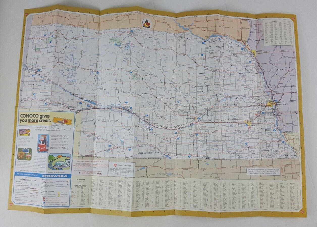1970 CONOCO OIL Gas Station Locator Road Map NEBRASKA Game & Parks ...
