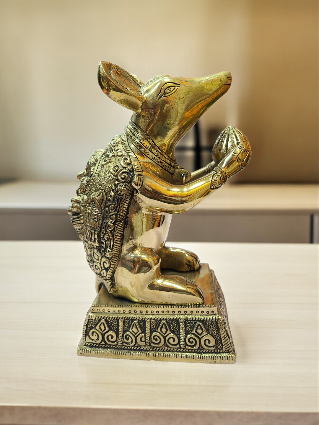 9.5 Inches Brass Rat With Carving of Ganesh Ji Backside for Home Decor ...