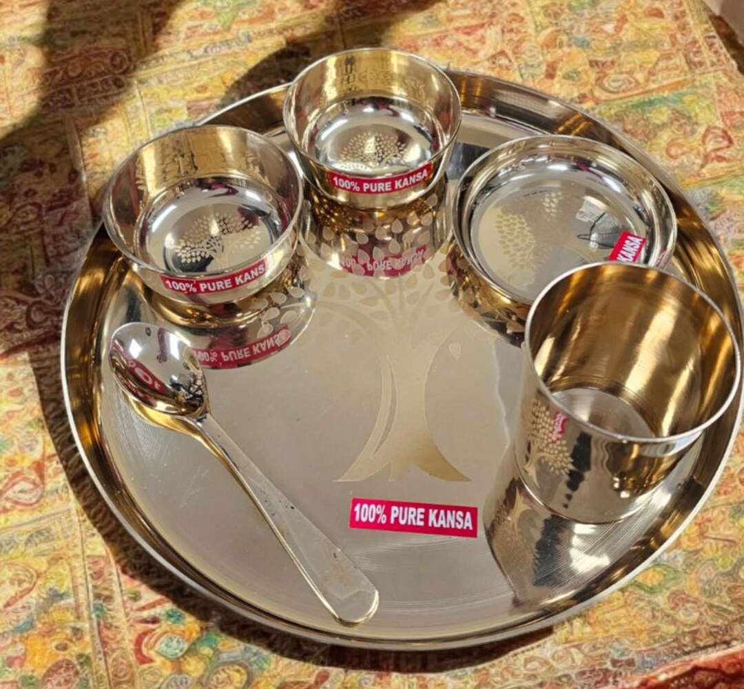 11 Inches Puja Thali Brass Plate Set With Two Katoris and One Glass ...