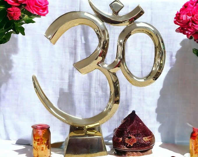 11 Inches Hindu Religious Symbol Brass OM Metal Statue for Home ...