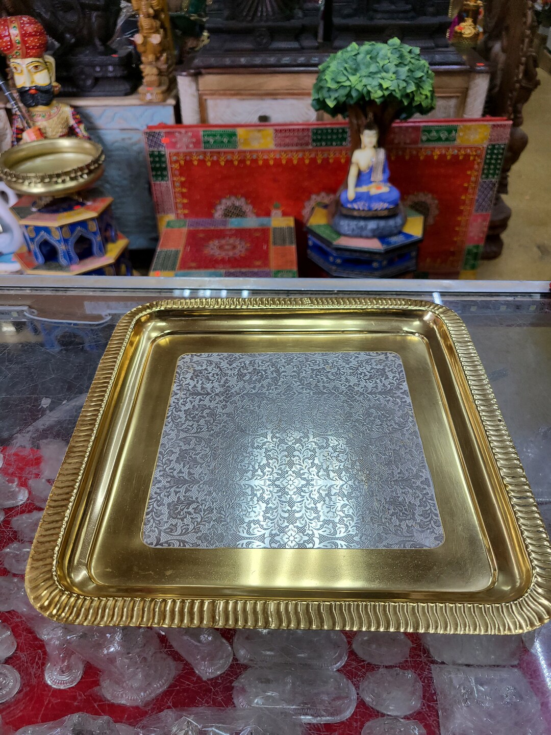 10 Inches Antique Pure Brass Platter Square Engraved Ornate Display ...