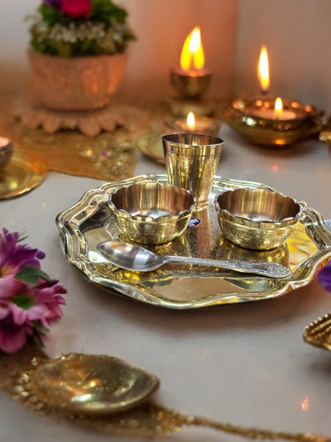 8.0 Inches Puja Thali Brass Plate Set With Two Katoris and One Glass ...