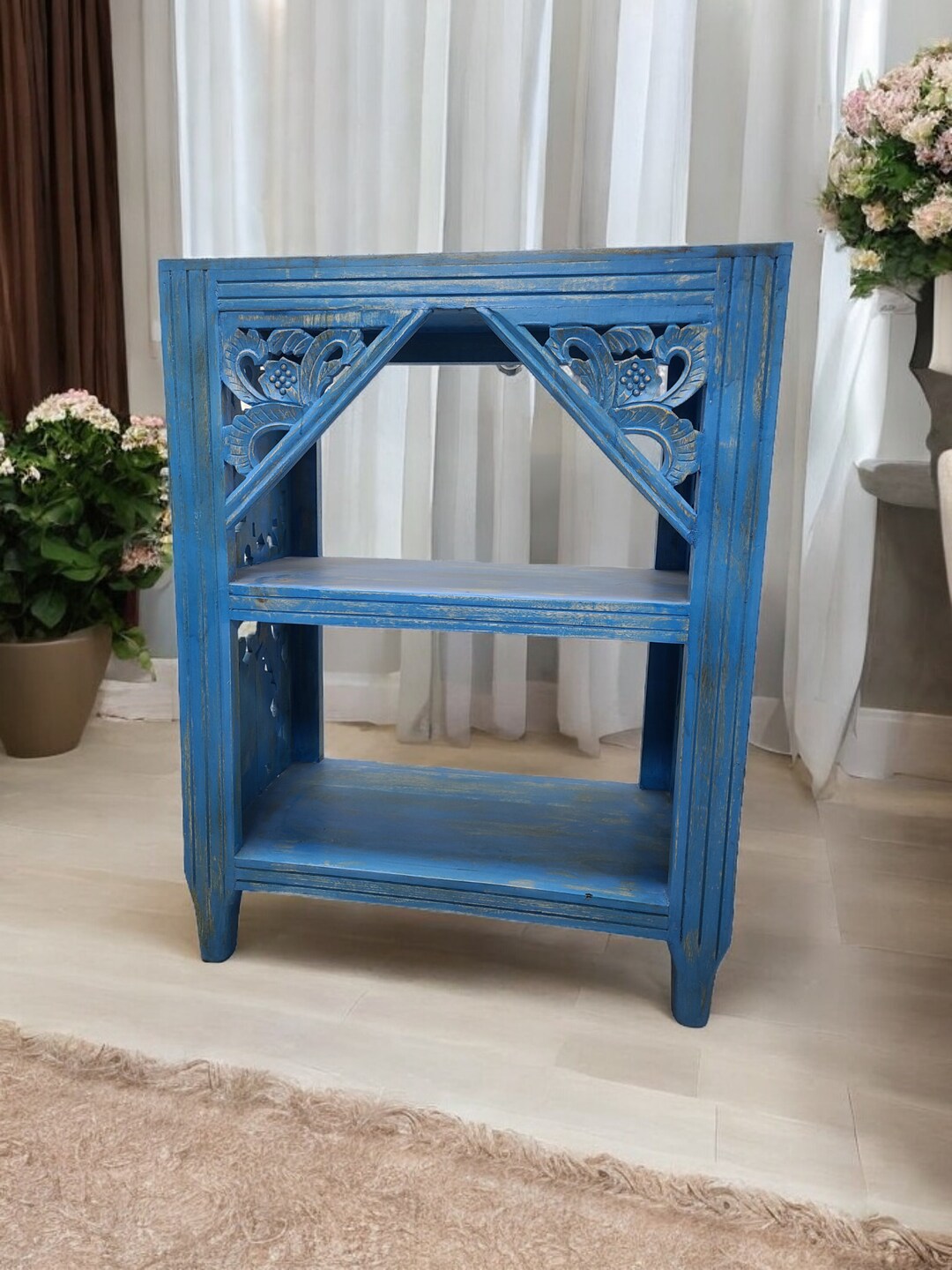 40 Inches Tall of Vintage Shelf Book Case Tropical Blue for Living Room ...