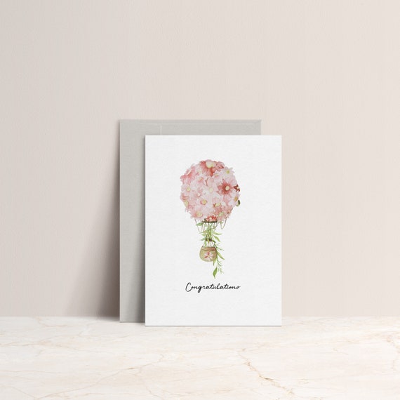 Congratulations Card Pink Watercolor Floral Hot Air Balloon | Etsy