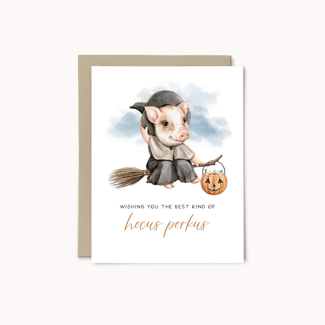 Funny Witch Halloween Card | Hocus Porkus Pig Watercolor Greeting - Etsy