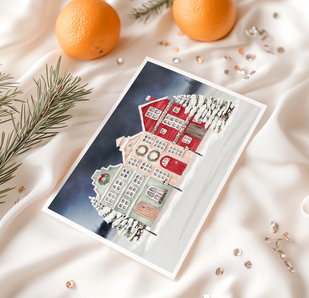 Christmas Village Holiday Cards: Illustrated Winter Town Christmas Card ...