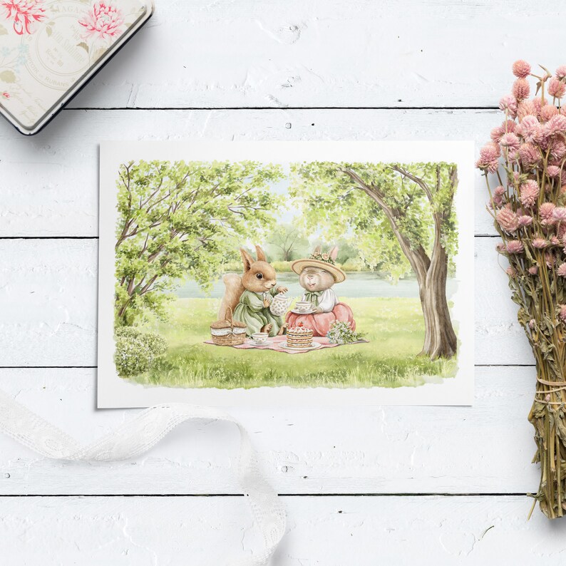 Watercolor Coquette Animal Postcard Set: Vintage Woodland Garden Picnic ...