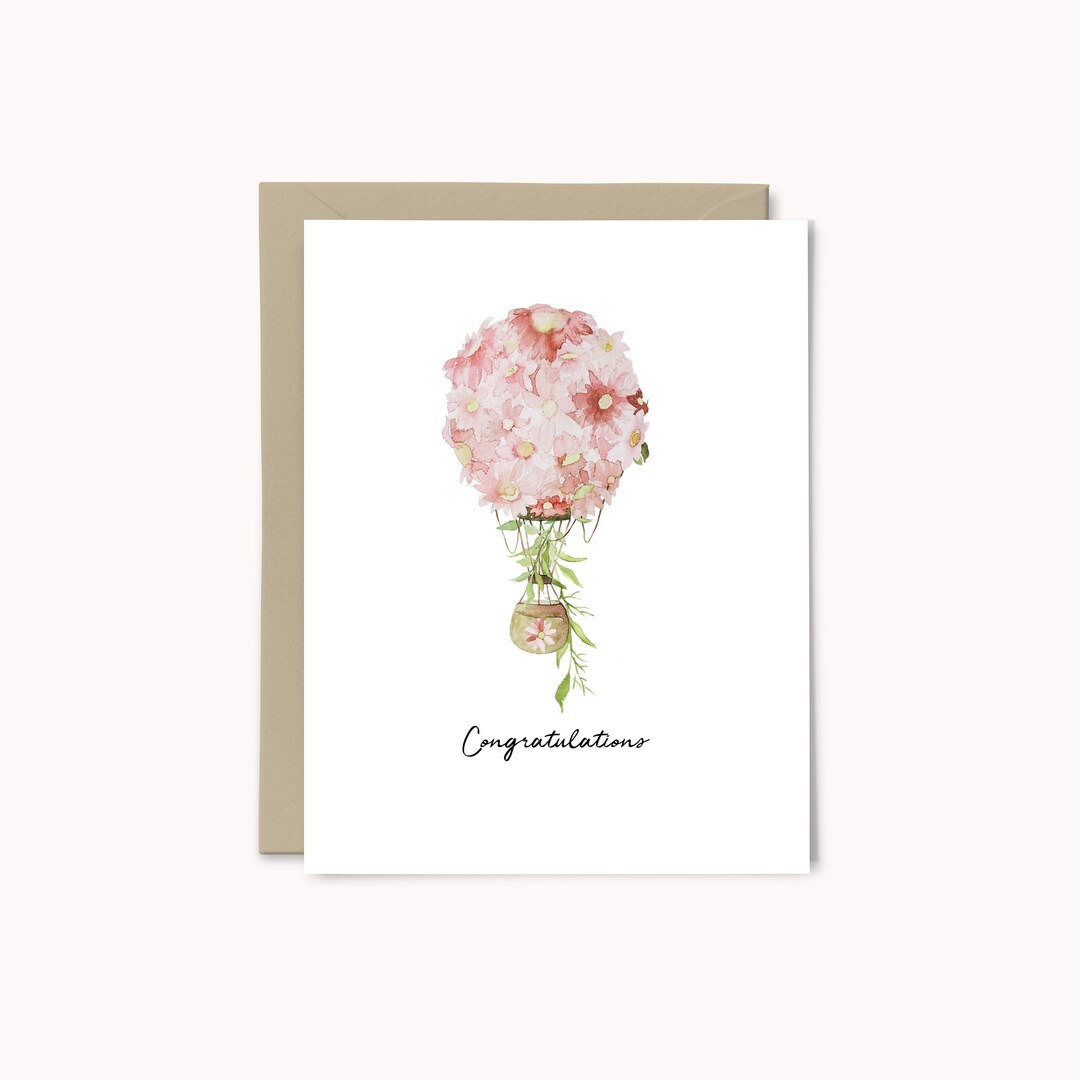Congratulations Card - Pink Watercolor Floral Hot Air Balloon for ...