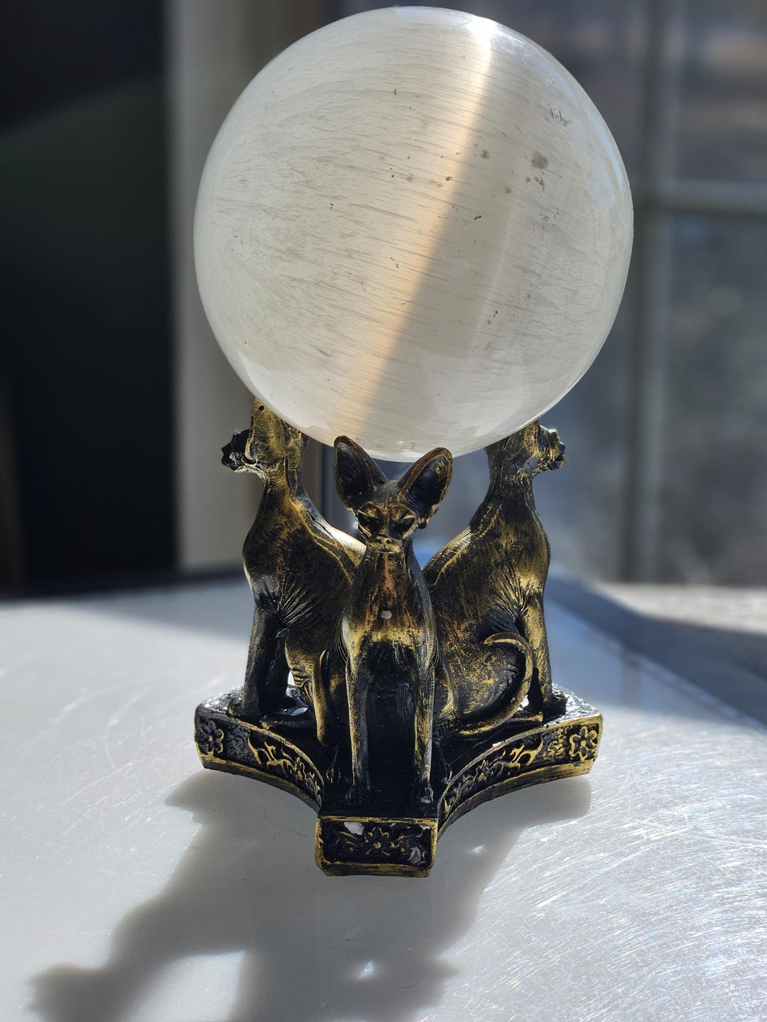 Big Selenite Sphere With Beautiful Cat Stand Very Large Selenite ...