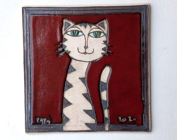 Handmade Ceramic Tile, Tile With Cat, Hanging Tiles, Cat Motif Tile ...