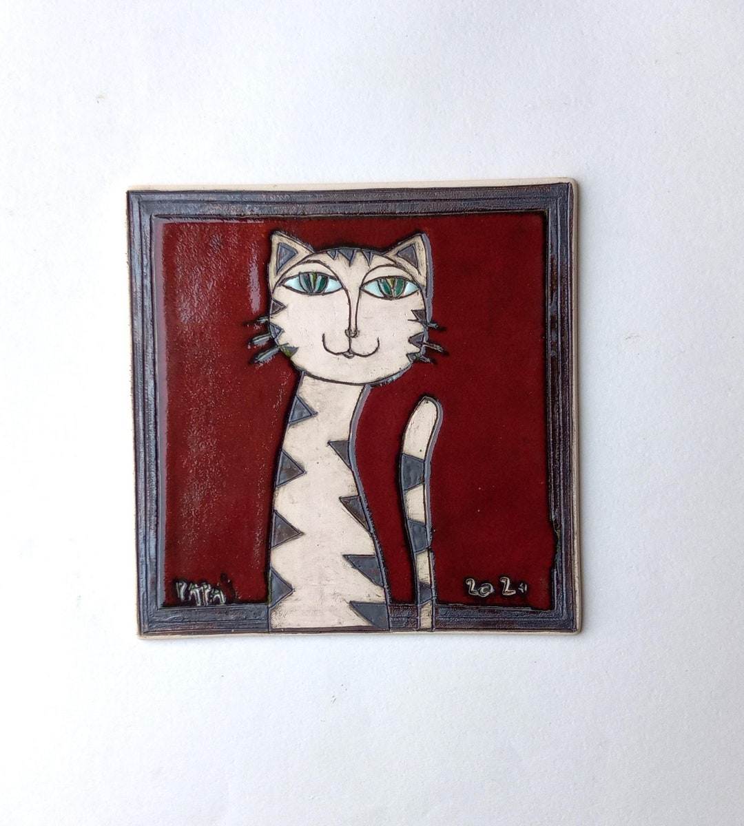 Handmade Ceramic Tile, Tile With Cat, Hanging Tiles, Cat Motif Tile ...