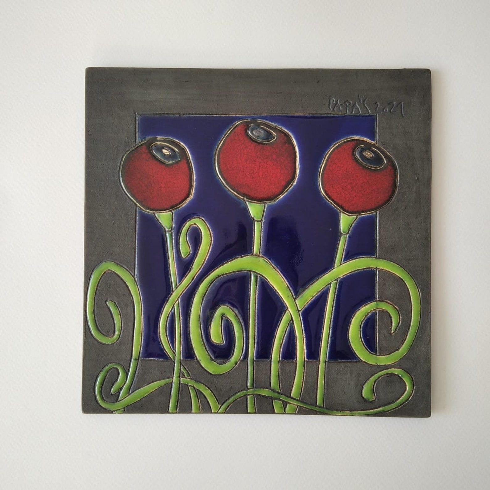 Wall Flowers Tile, Art Plates, Original Ceramic Tile, Wall Hanging ...