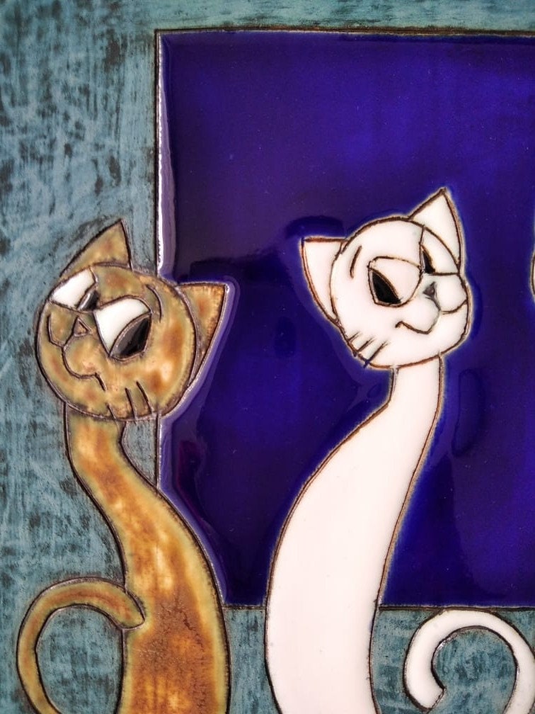 Wall Hanging Tile, Cat Lovers Gift, Tile With Cats, Pottery Cats Tile ...