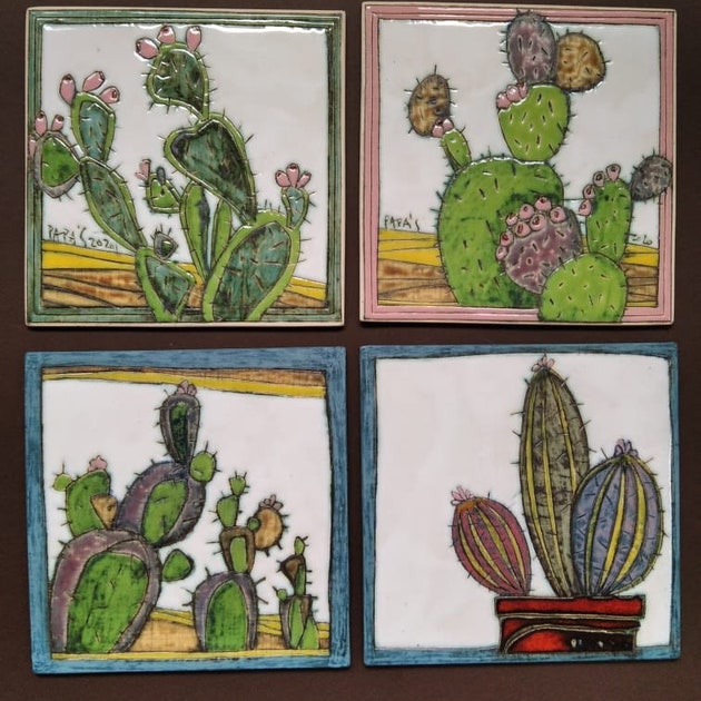 Ceramic Tiles, Cactus Tiles, Pottery Cacti Tiles, Cacti Lover Tile ...