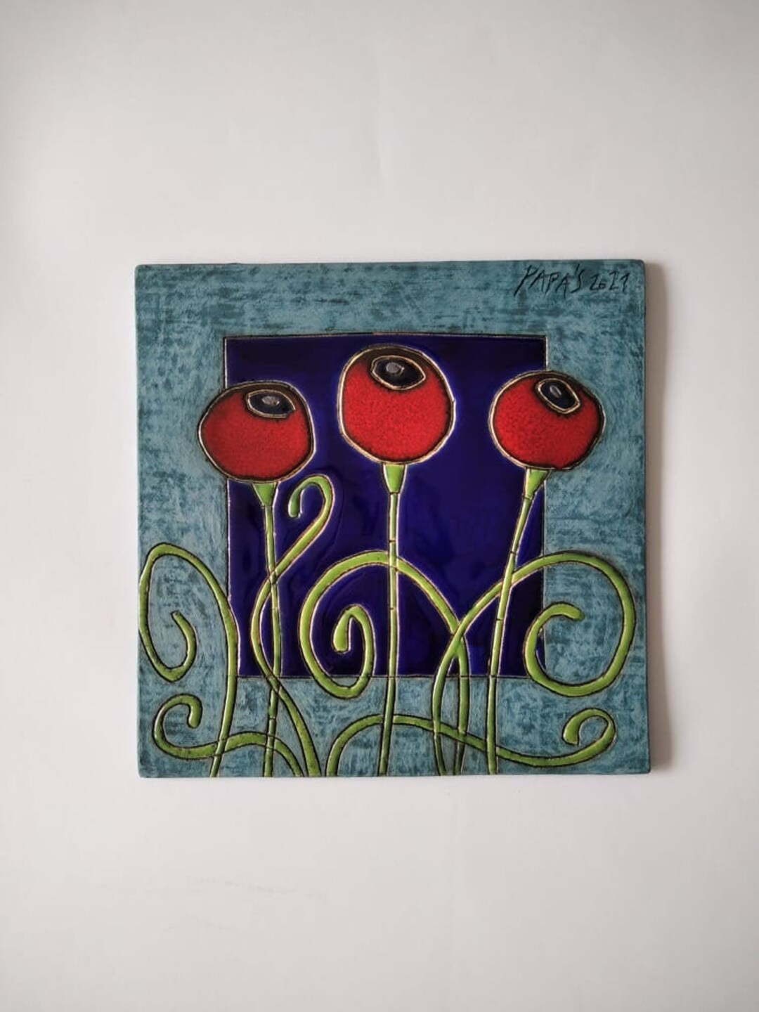 Hanging Wall Tile, Ceramic Tile With Flowers, Hanging Figure, Tile ...