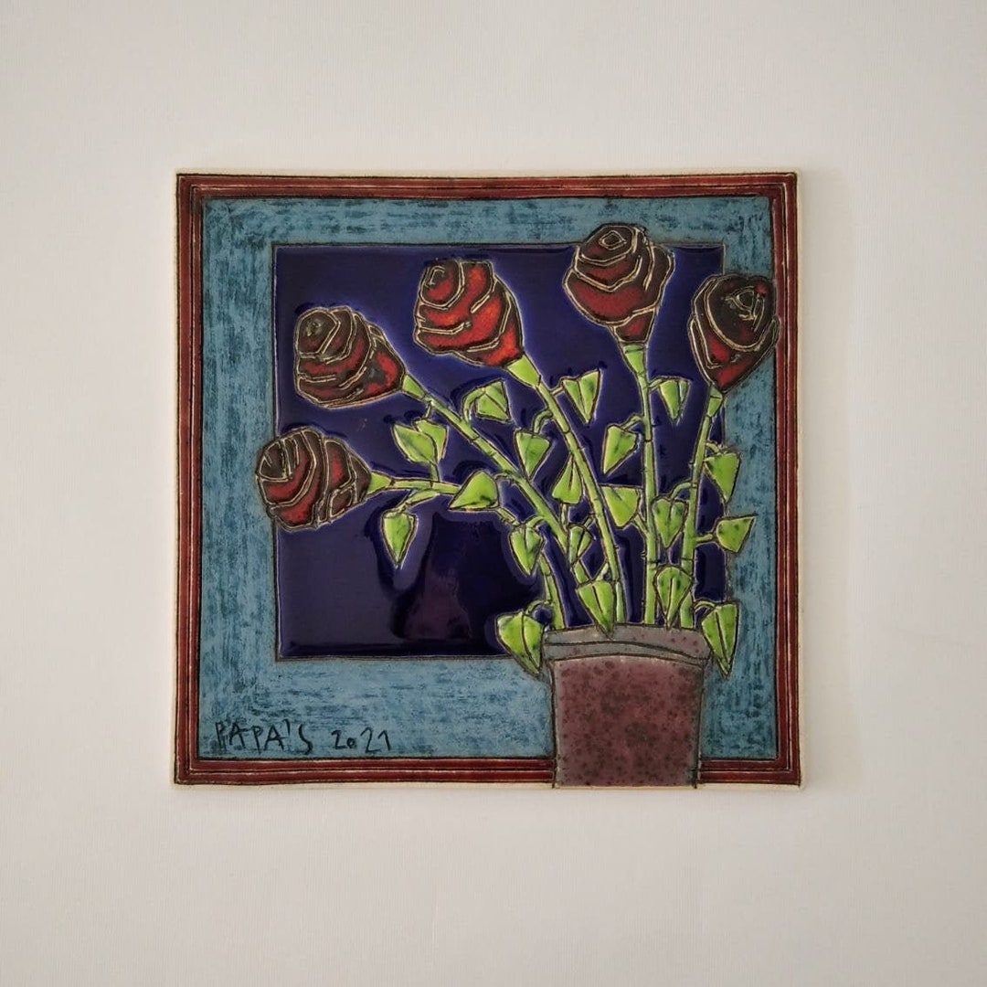 Wall Tiles, Handmade Tiles With Roses, Wall Decor Tile, Roses Tile ...