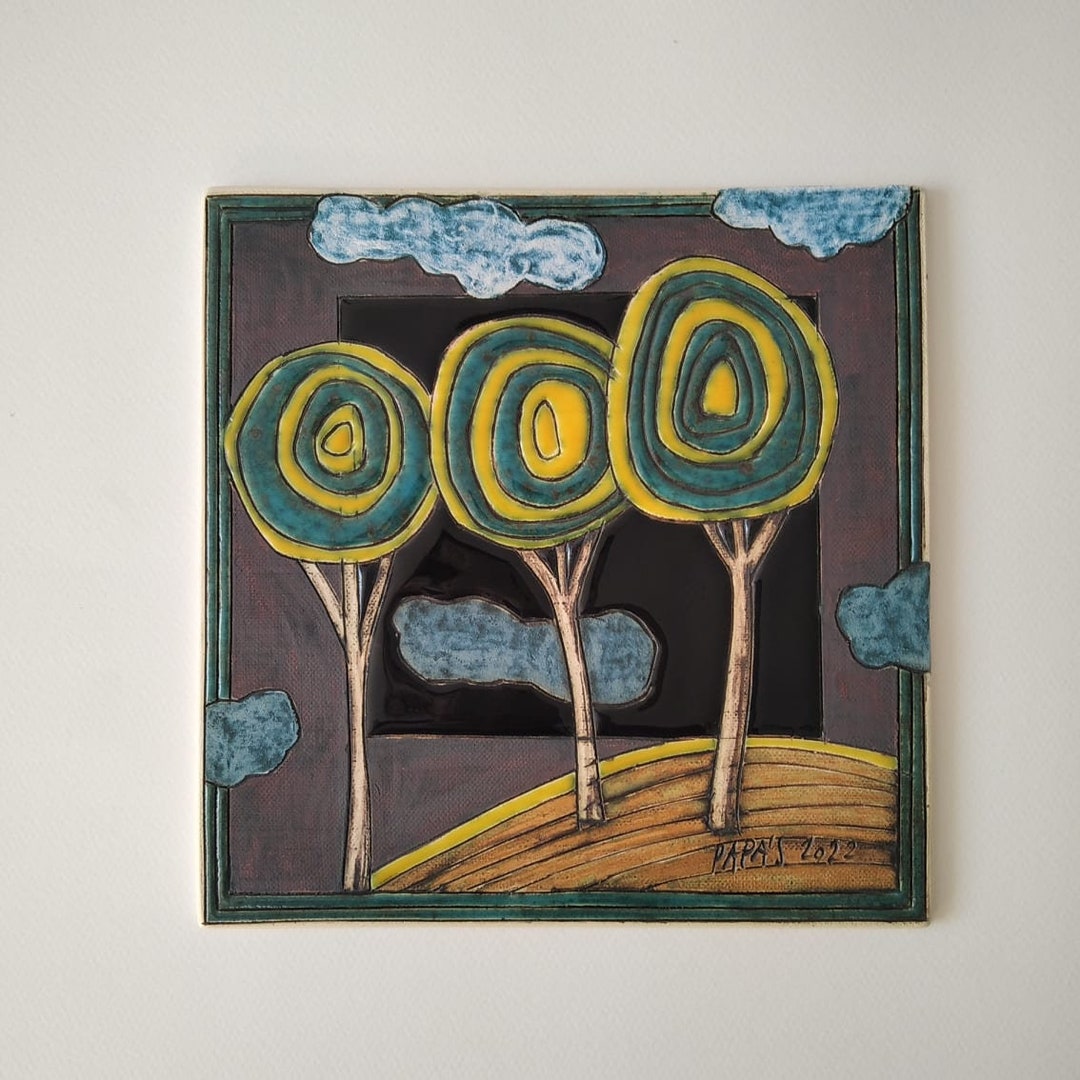 Handmade Ceramic Art Tile, Tile With Trees, Hanging Tiles, Trees Motif ...
