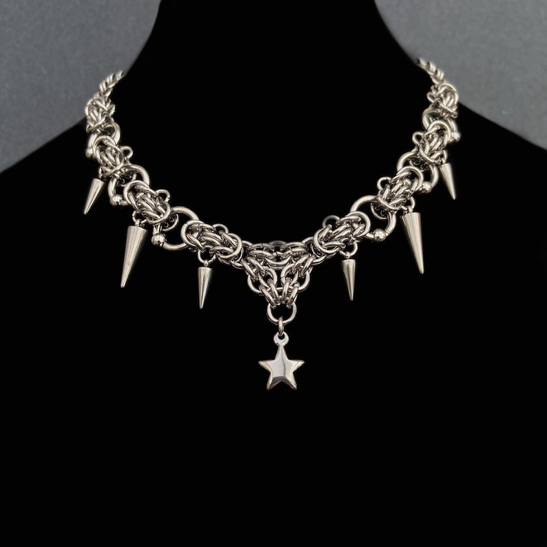 Spiked Star Necklace, Chainmail, Chainmaille Byzantine, Stainless Steel ...