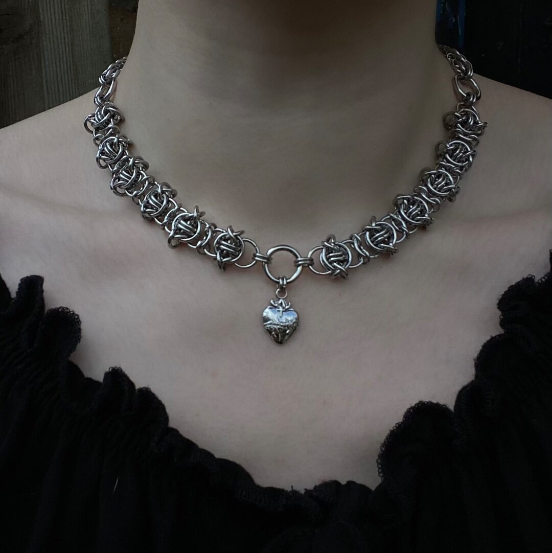 Barbed Wire Sacred Heart Necklace, Chainmail, Chainmaille, Stainless ...